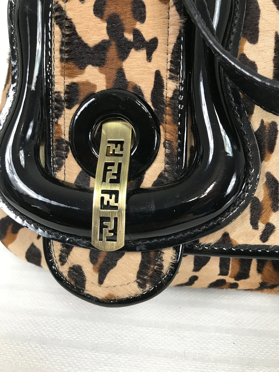 SOLD Fendi Leopard Print Calf Hair and Black Patent Leather B Bag ...